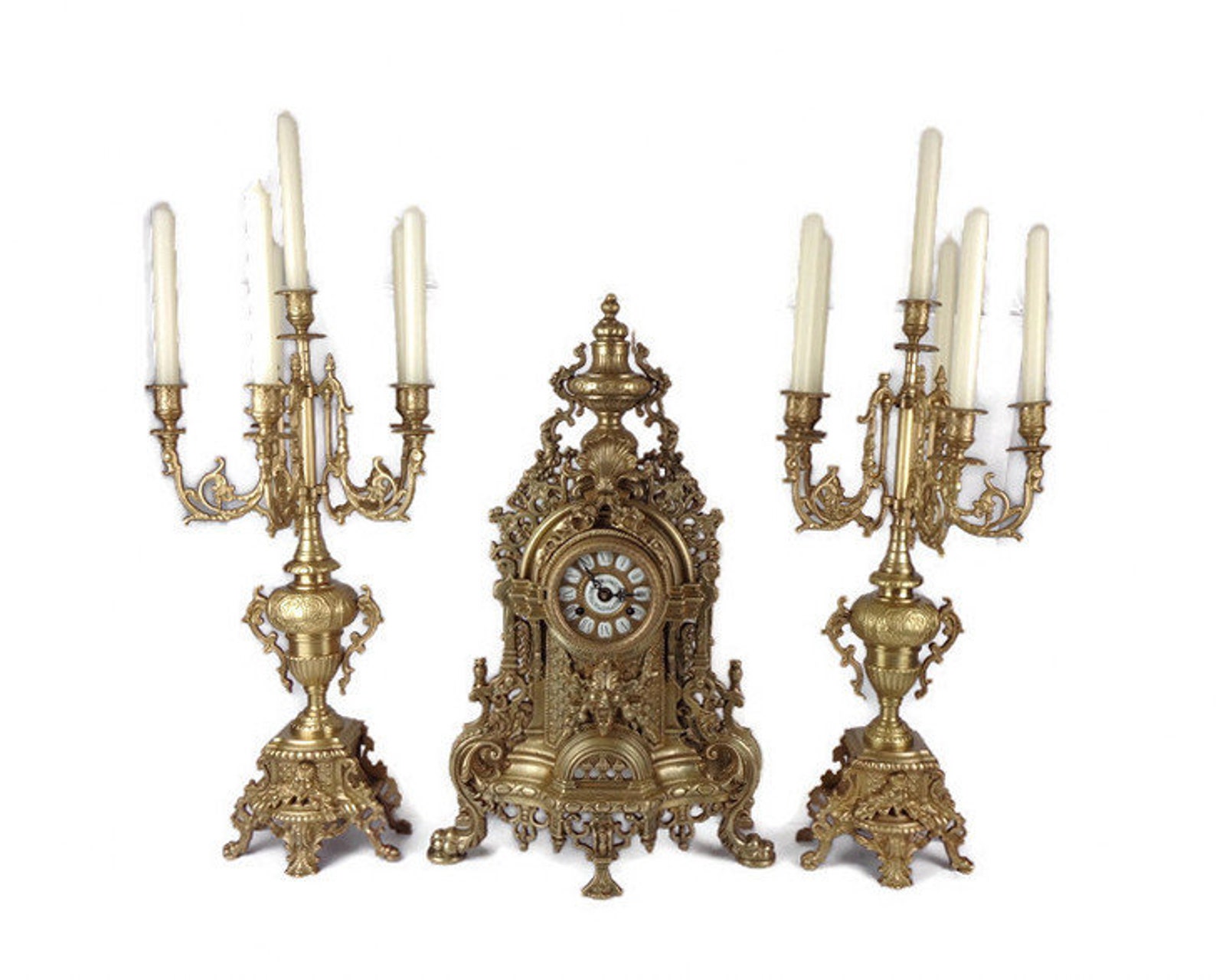 Antique Brass Mantel Clock With Candle Holders Set Art - Etsy