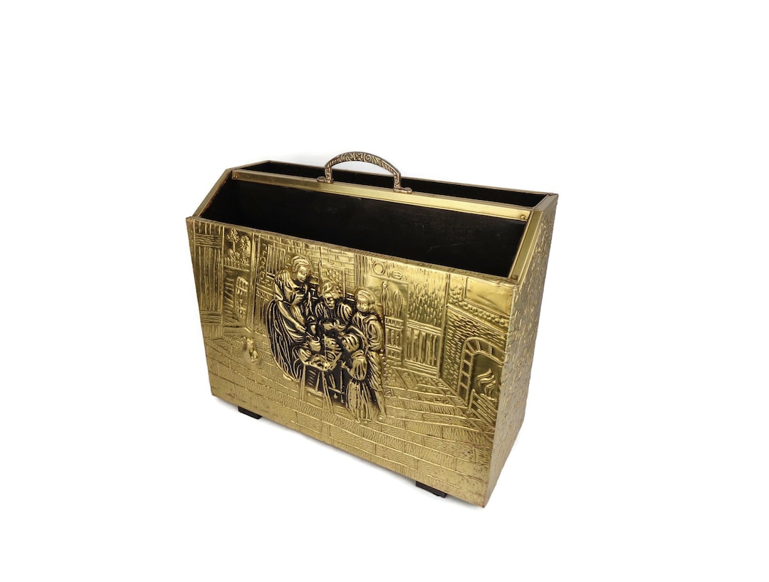 Antique Fireplace Kindle Box With Brass Embossed Decoration, Fireplace ...