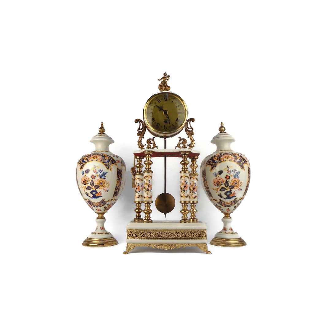 Antique Mantel Clock With Decorative Vases Set, Hand Painted Porcelain ...