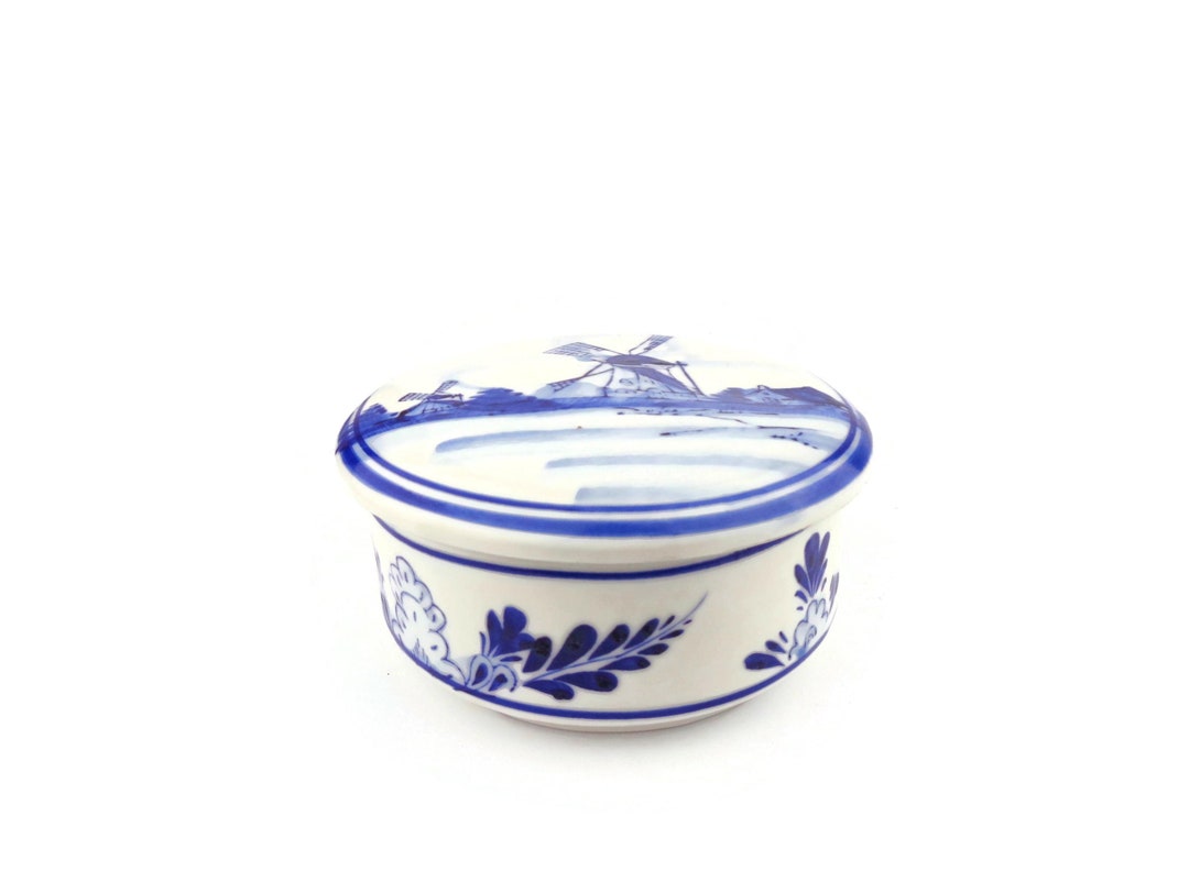 Delft Blue Ceramic Box, Holland Windmill Trinket Box, Round Ring Box ...