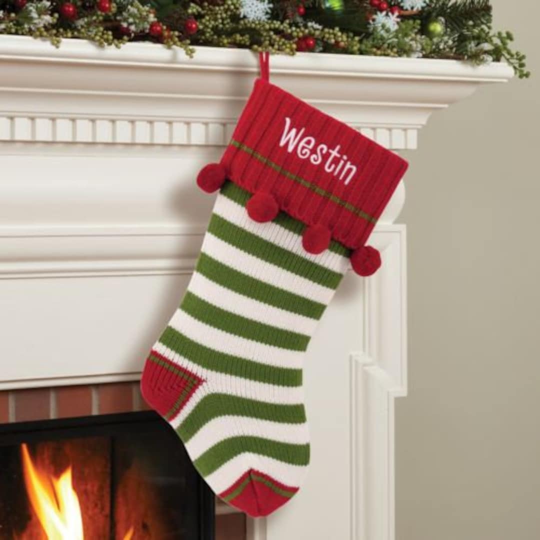 Green Striped Personalized Knit Stocking, Personalized Christmas ...