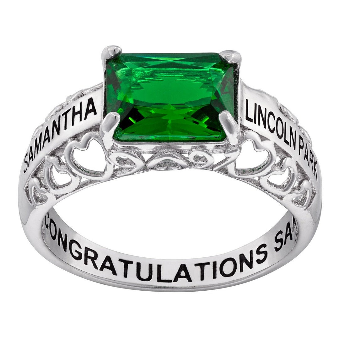 Sterling Silver Emerald Cut Birthstone Class Ring With Filigree Year - Etsy