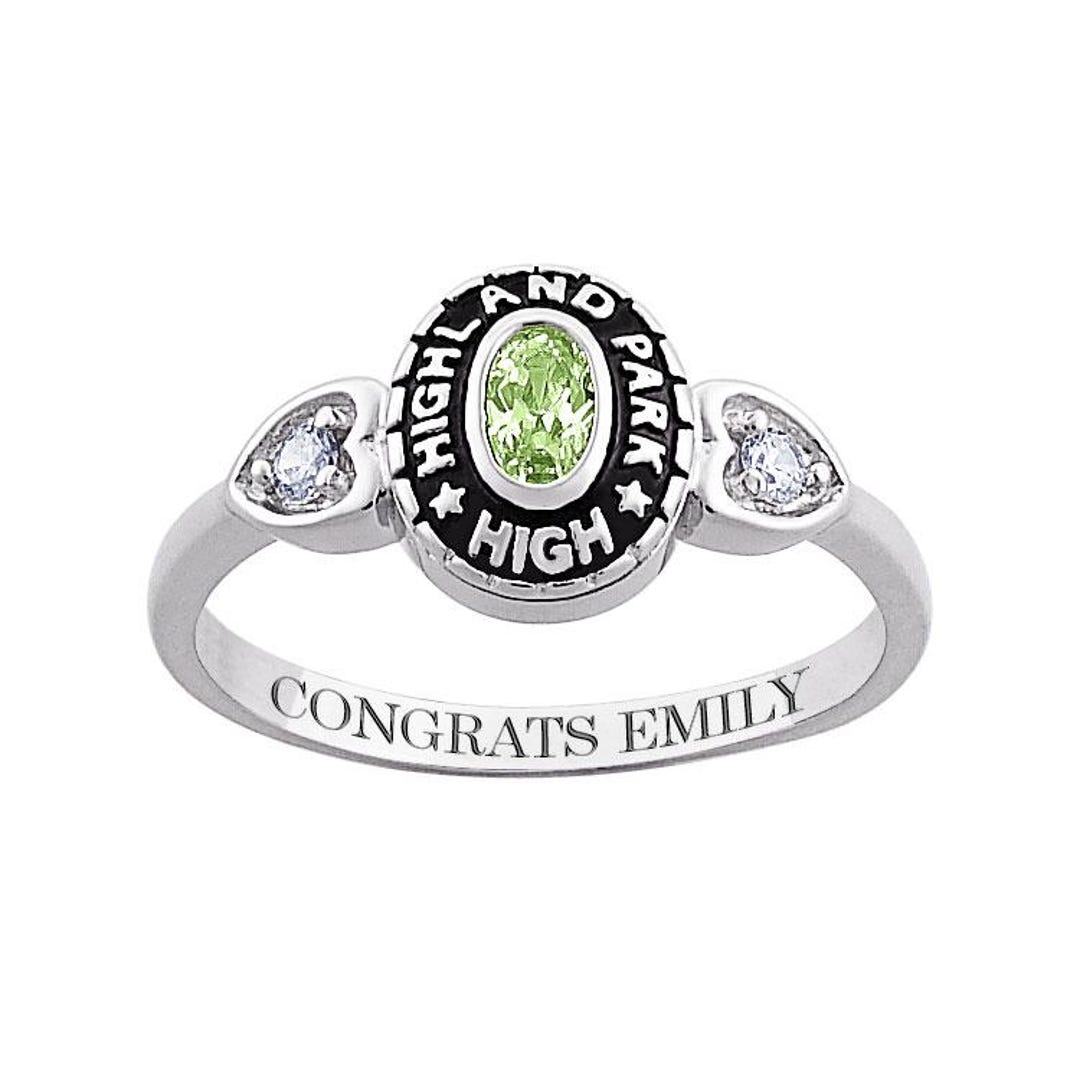 Ladies Sterling Silver Oval Stone and CZ Heart Class Ring, Personalized ...