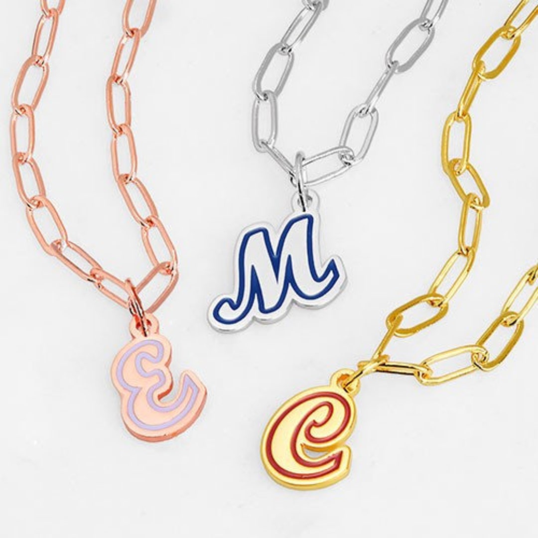 Enamel Outline Script Initial Paperclip Chain Necklace in Silver, Gold ...