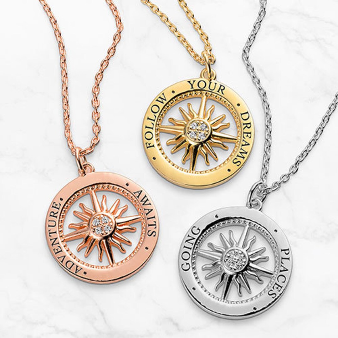 Engraved Compass With CZ Necklace Available in Silver Plated, 14K Gold ...