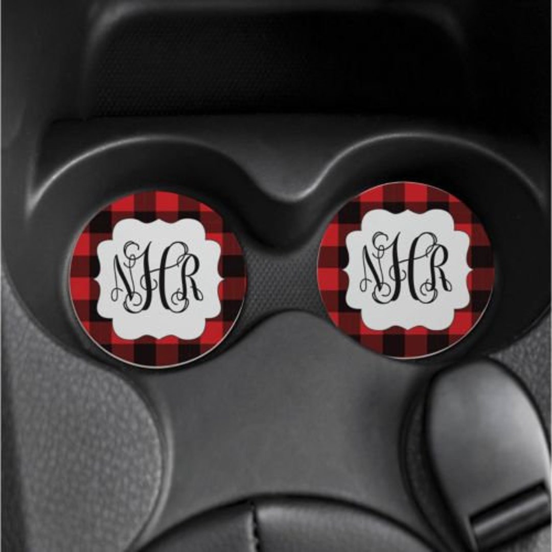 Buffalo Plaid Monogrammed Car Coasters, Monogram Car Coasters set of 2 ...