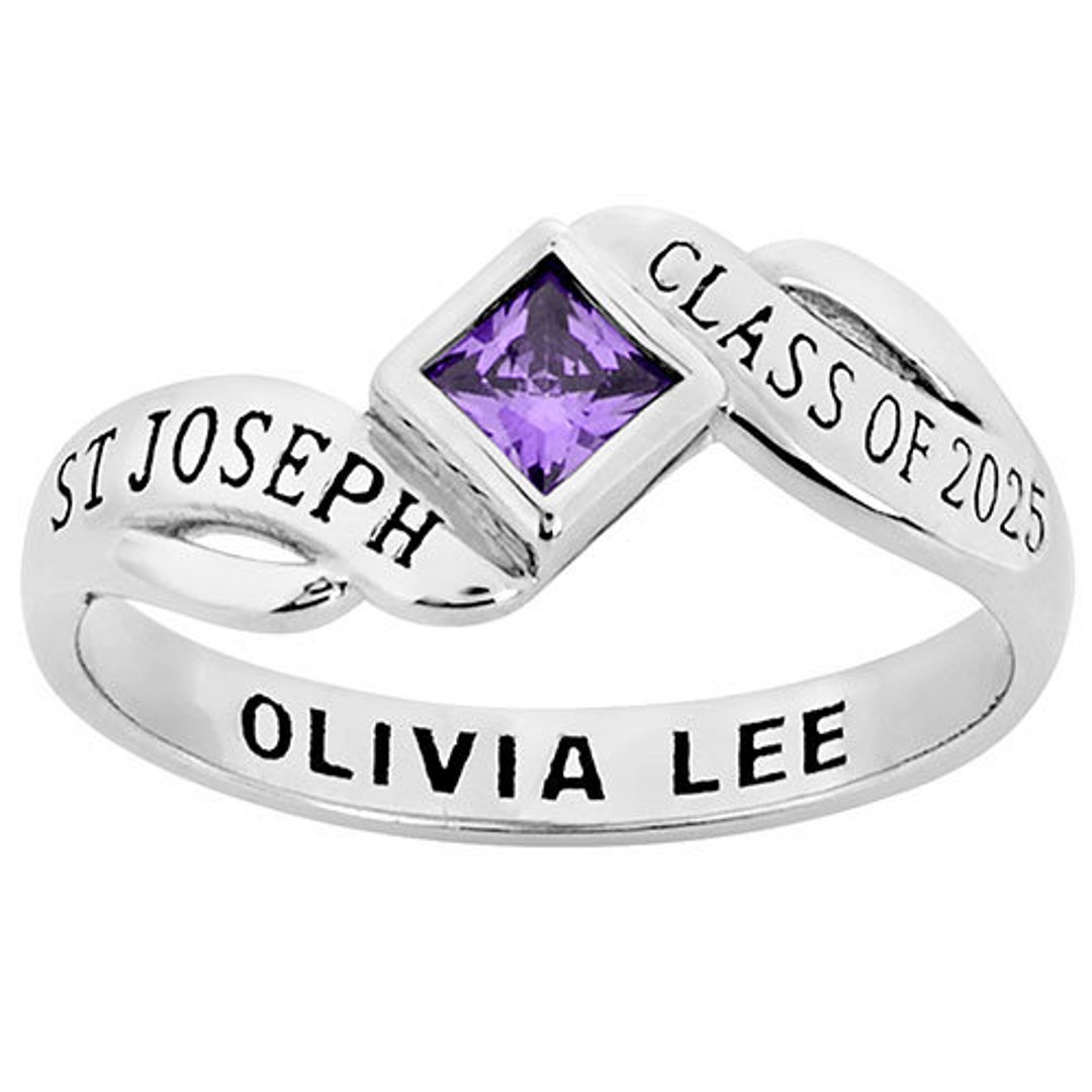Princess Cut Class Ring for Girls, Sterling Silver Ladies Bypass ...