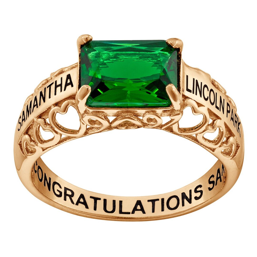 Gold Over Sterling Emerald Cut Birthstone Class Ring With Filigree Year ...