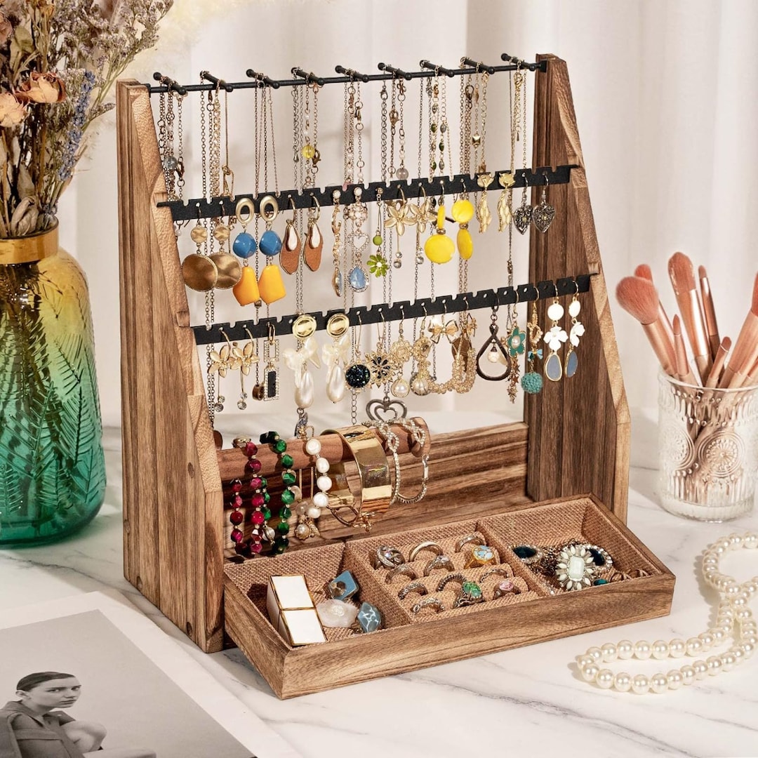 Earring Organizer, 5 Layer Earring Holder Organizer With Necklace ...
