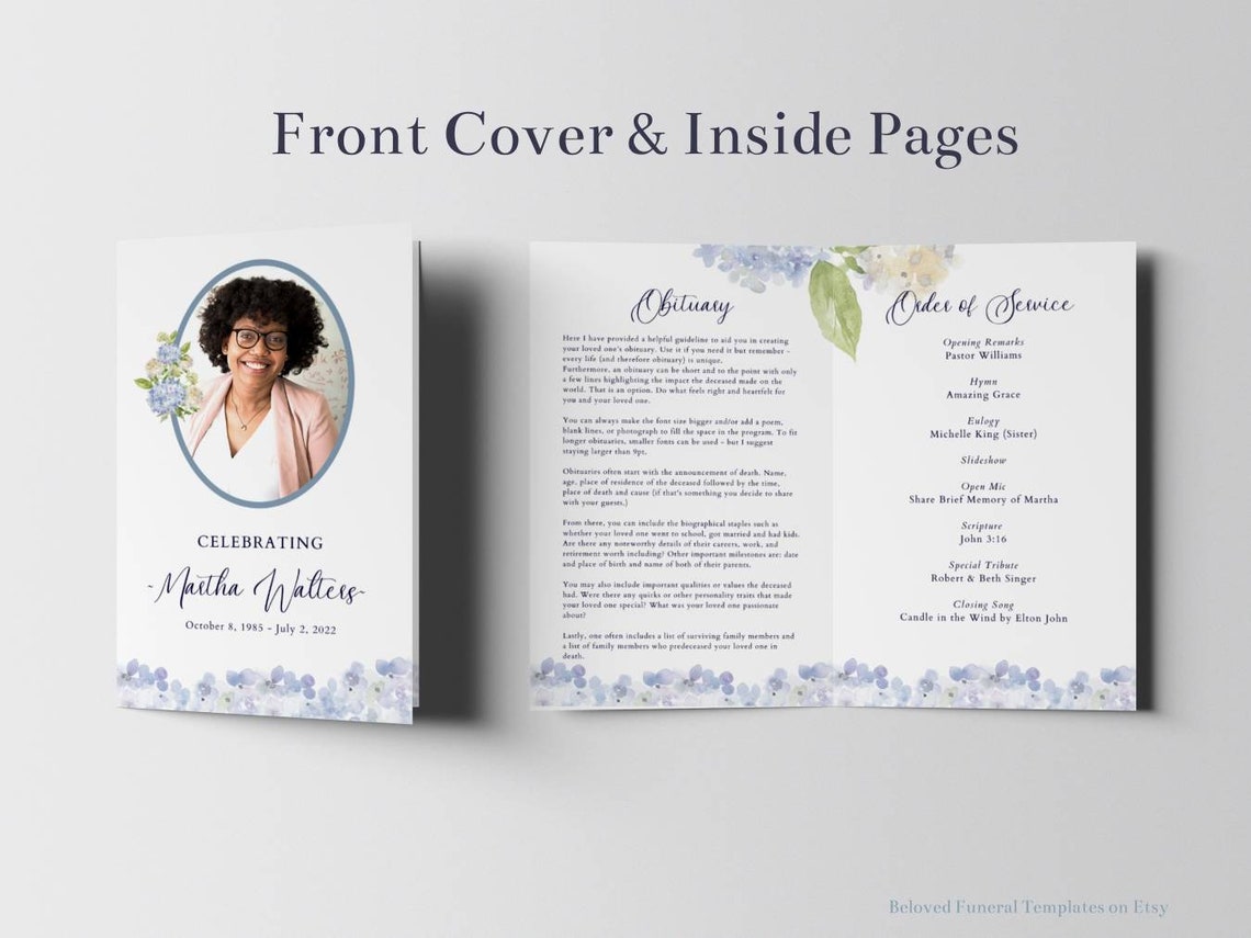 Blue Floral Funeral Program Template Obituary Template - Etsy