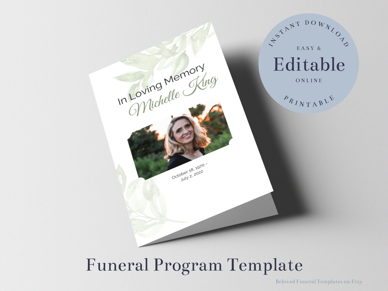 Green Leaf Funeral Program Template, Obituary Template, Printable Order ...