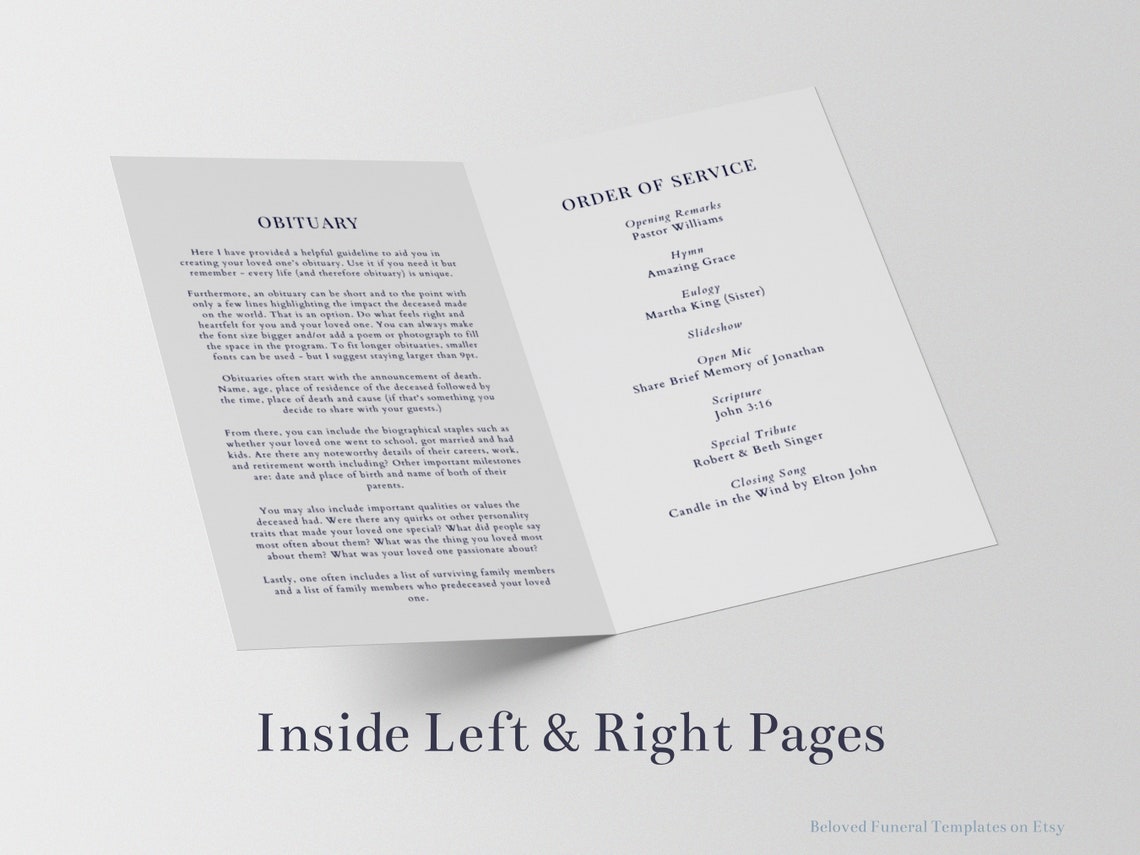Men's, Funeral Program Template for Man, Obituary Template, Printable ...