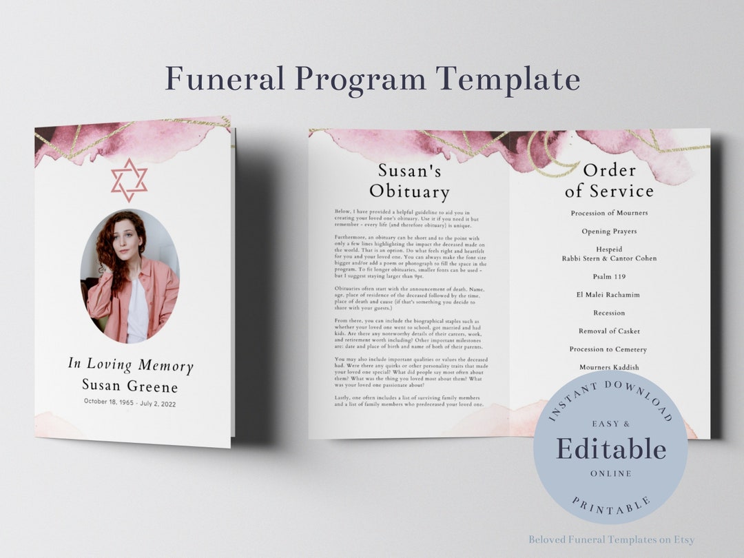 Jewish Funeral Program Template With Star, Obituary Template, Printable ...