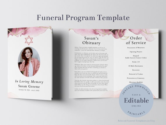 Jewish Funeral Program Template With Star Obituary Template | Etsy