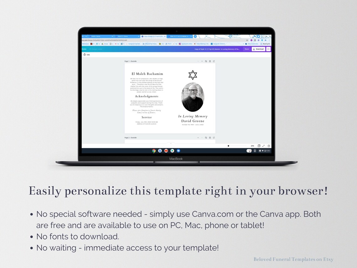 Minimalist Jewish Funeral Program Template Obituary Template - Etsy