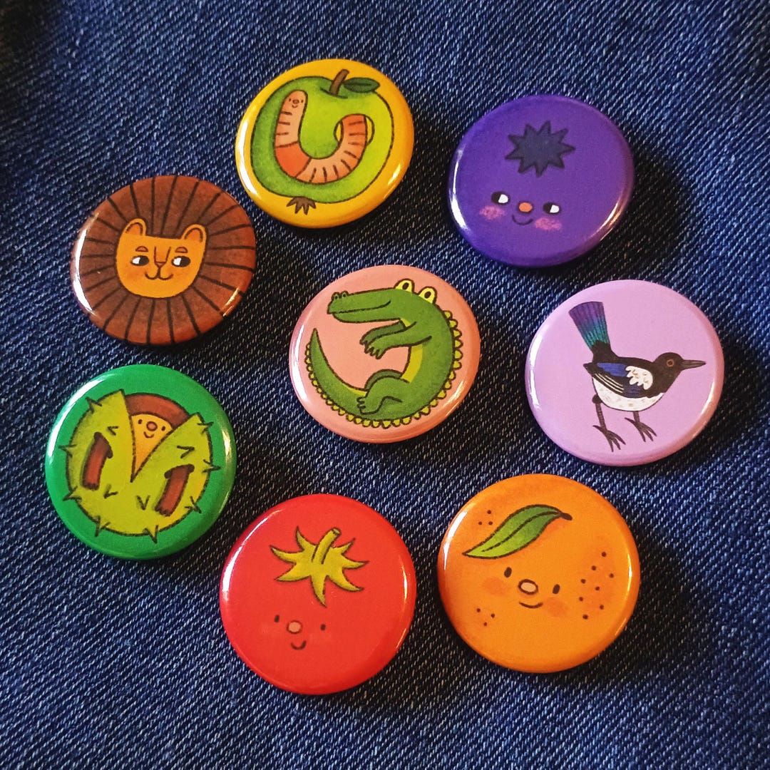 Cute Illustrated Button Badges. Fruit and Animals. 1.25