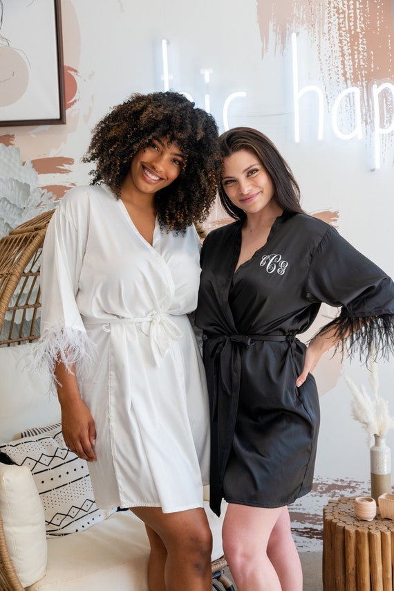 Black Feather Trim Robes Satin Robes Bridesmaid Robes | Etsy