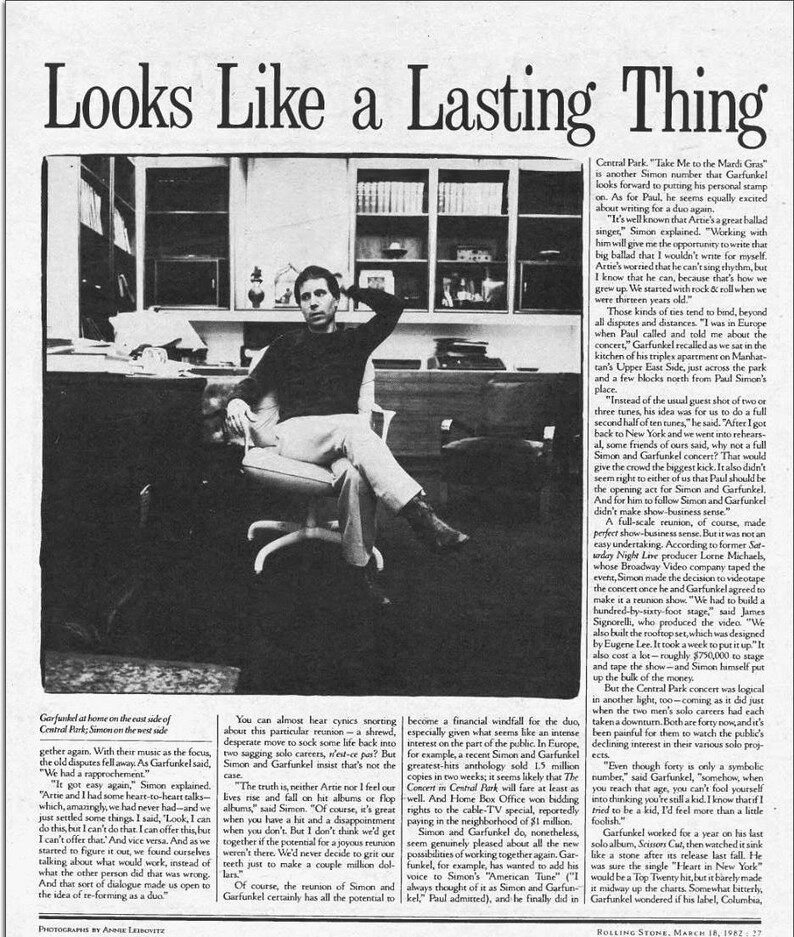 SIMON & GARFUNKEL - Paul Simon- Rolling Stone Magazine 1982 - Etsy