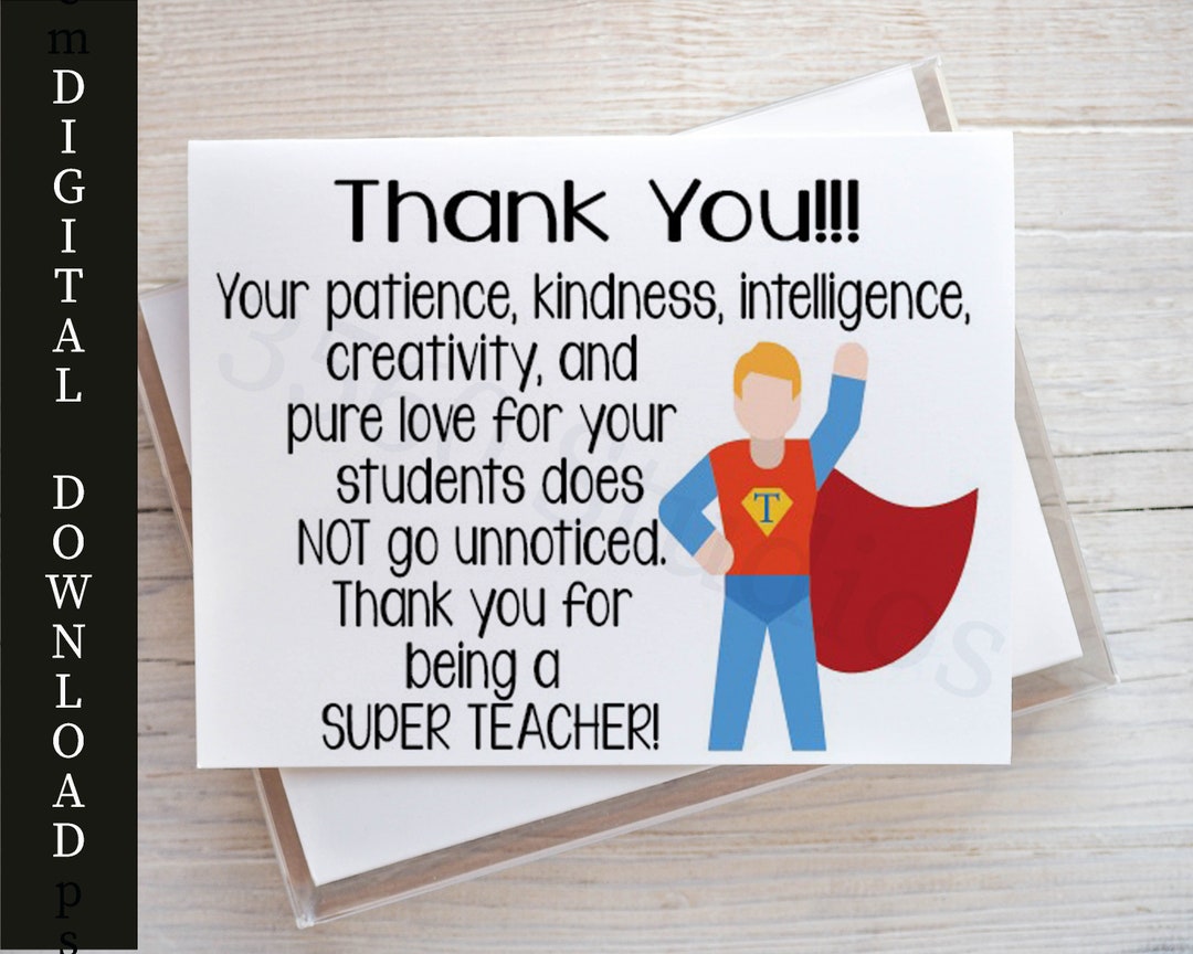 Superhero Teacher Thank You Card, Printable Card, Teacher Appreciation ...
