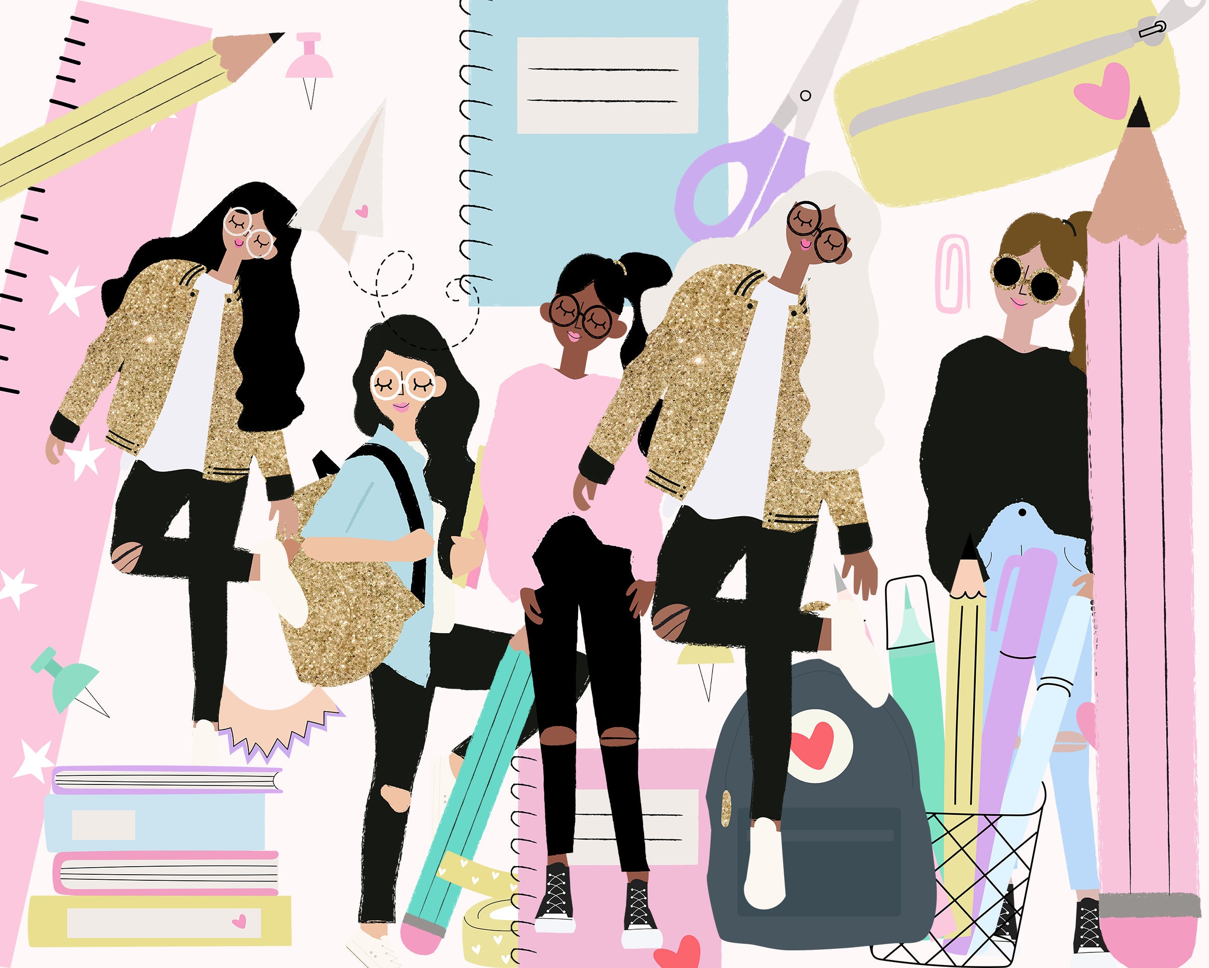 Cute Girls Back to School Pastel Glitter PNG - School Clipart - Cute ...