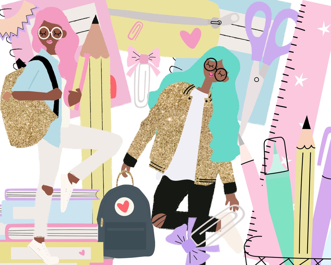 Cute Girls Back to School Pastel Glitter PNG School Clipart Cute Pastel ...