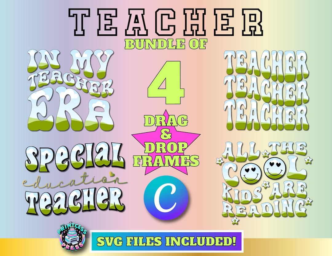 Retro Teacher Clip Art Canva Frame Bundle + SVG in My Teacher Era Clip ...