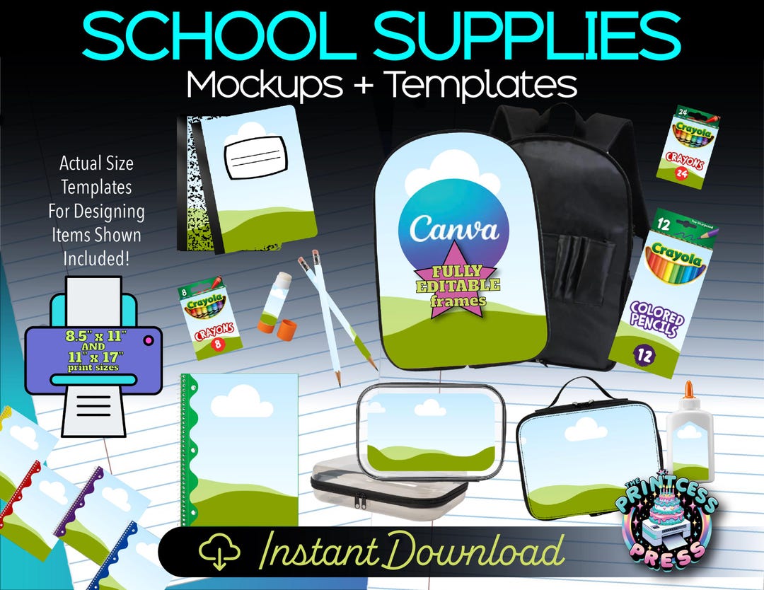 School Supplies Labels Mockup + Design Template Actual Size to Create ...