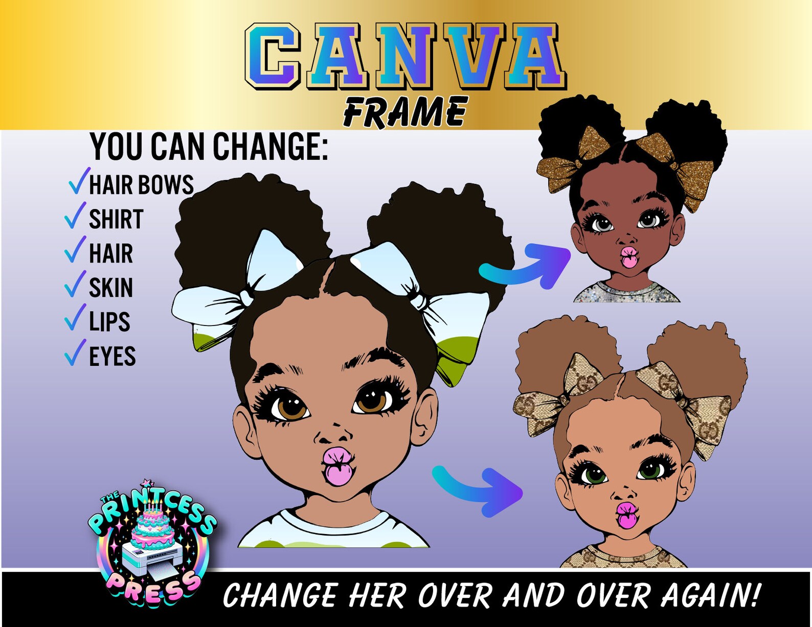 Black Baby Girl 2 Afro Puffs Clip Art Canva Frame | Easy Drag + Drop ...