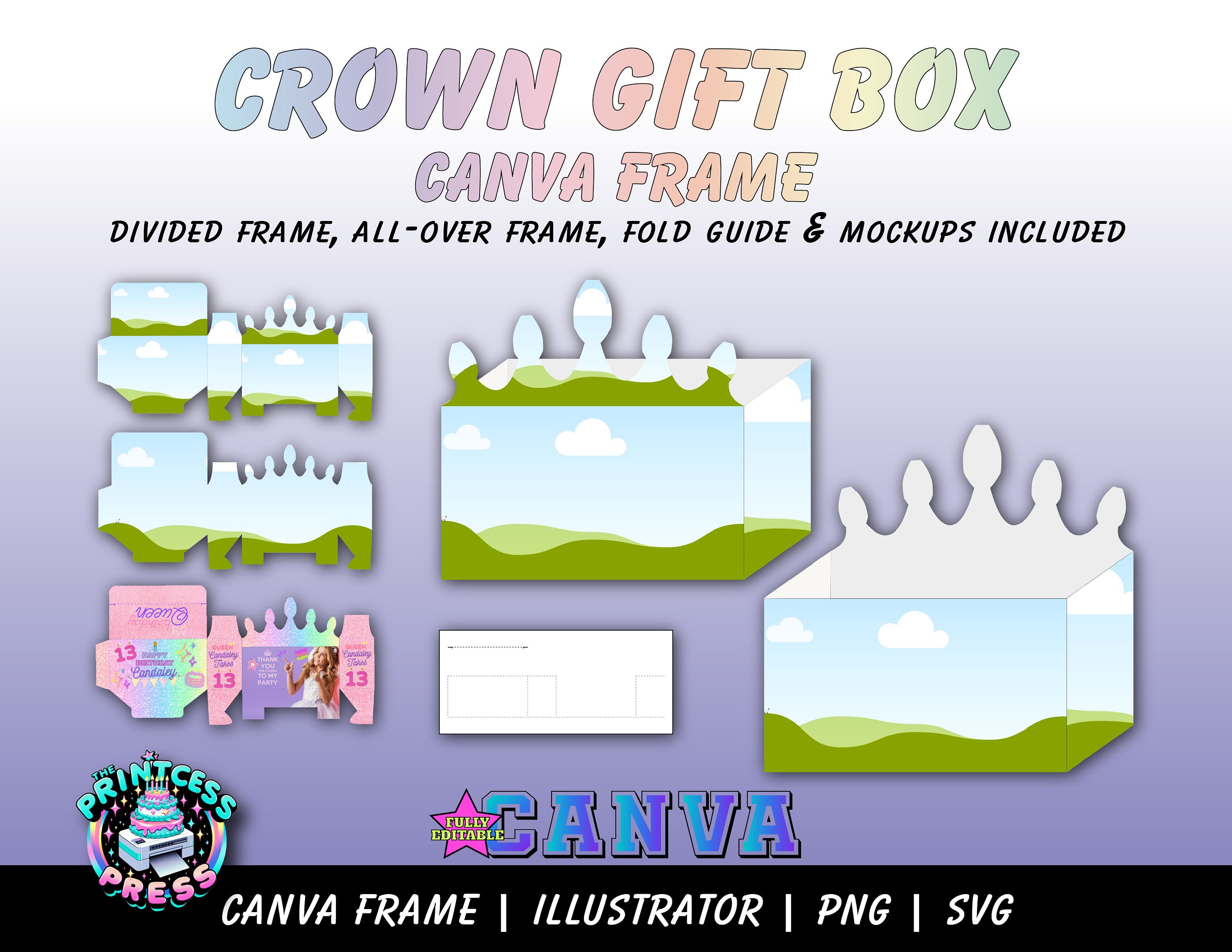 Crown Gift Treat Box Canva Frame PNG SVG Illustrator | Fully Editable ...