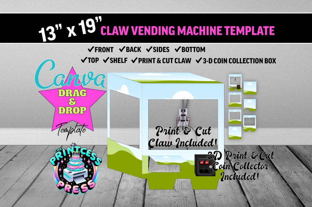 Claw Vending Machine Template for Canva + Free 3D Coin Collector Box Template | 13 X 19 Inch ...