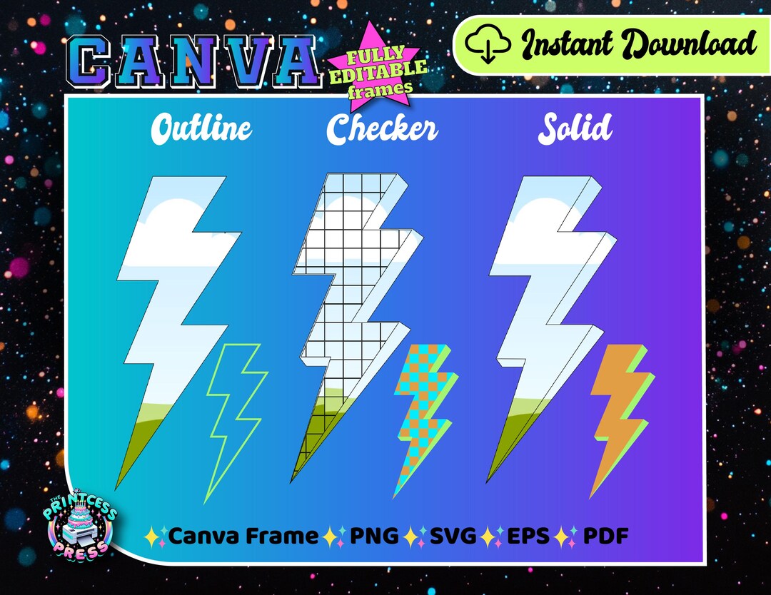 Lightning Bolt SVG & Canva Frames Vector Bundle | Solid + Checkered ...