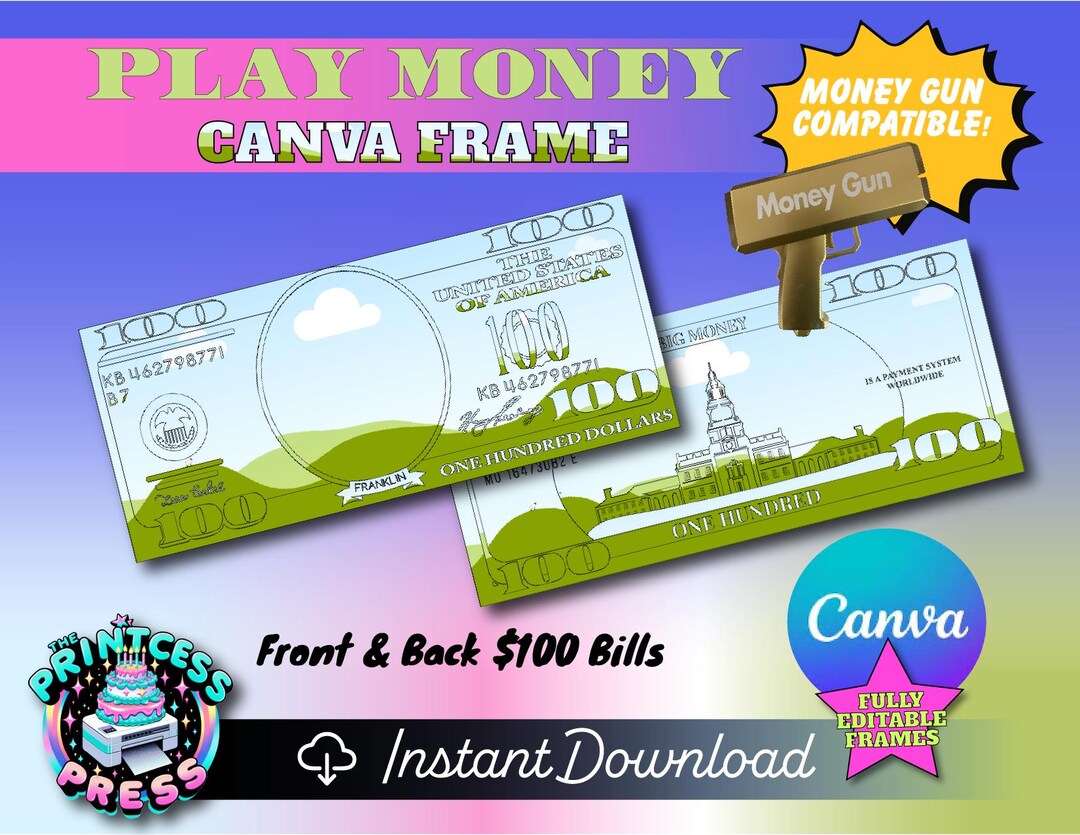Hundred Dollar Bill Template Canva Frame | Drag & Drop Play Money for ...