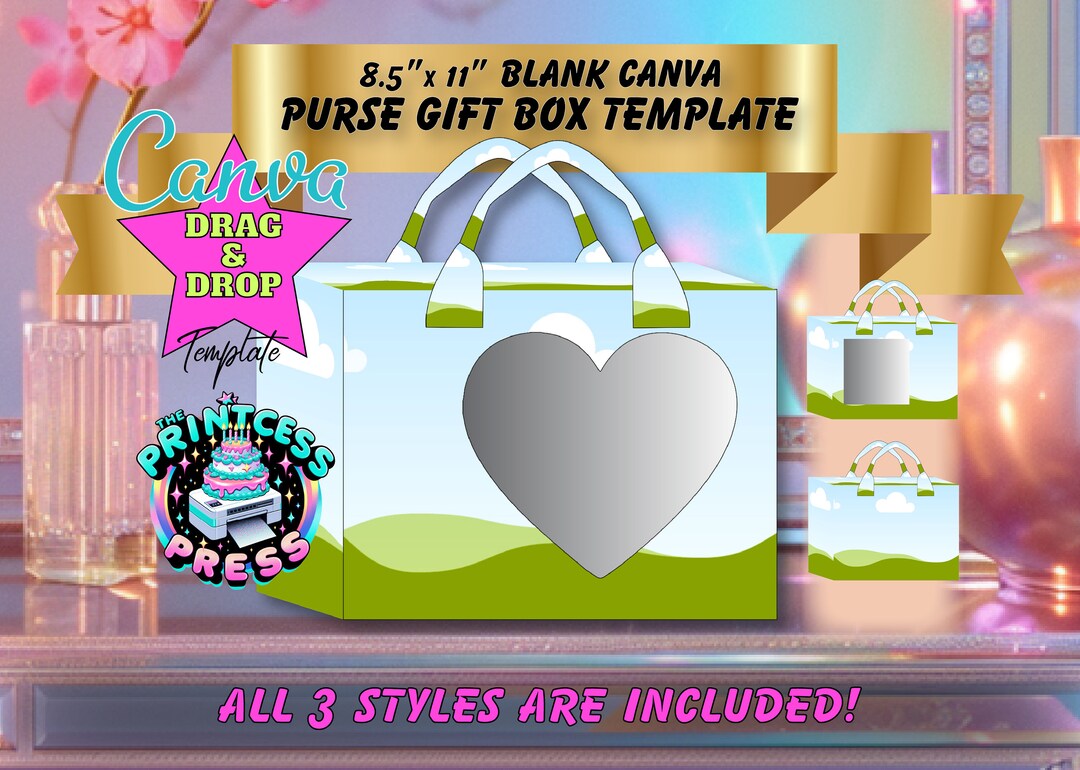 Purse Gift Bag Template for Canva Size 8.5 X 11 Square & Heart Shaped ...
