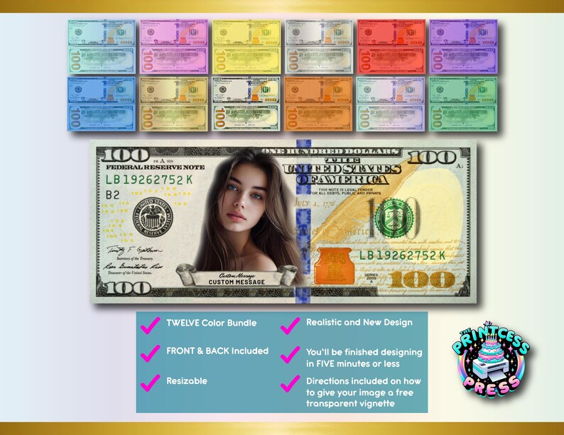 Real 100 Dollar Bill PNG Template for Canva Custom Photo Party Play ...