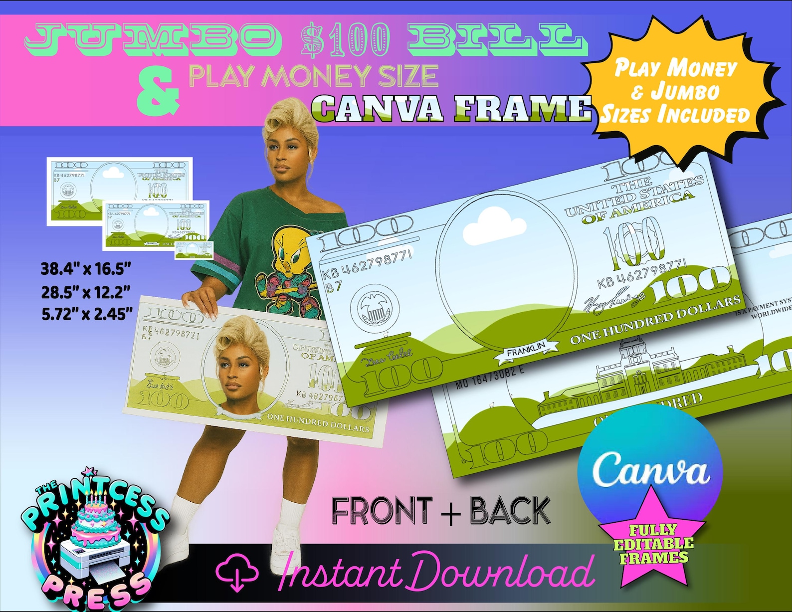 Giant Hundred Dollar Bill Template Canva Frame | Drag & Drop Play Money ...