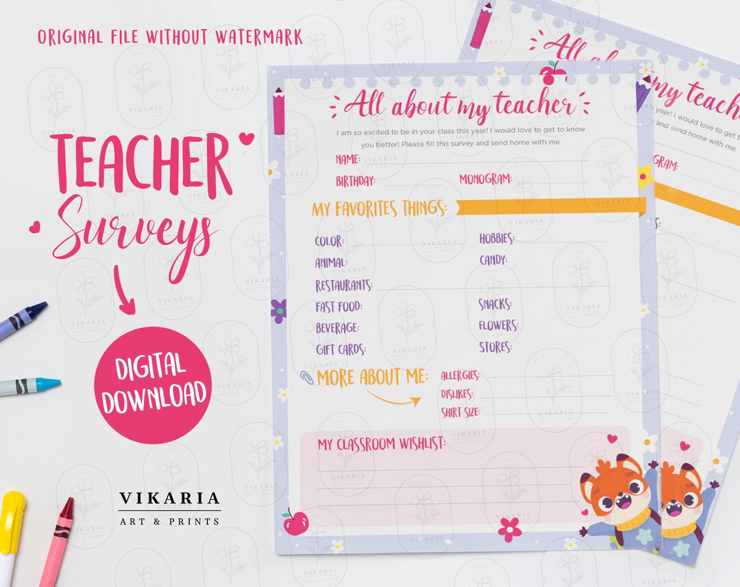 Teacher Survey Printable, Instant Download All About My Teacher Survey ...