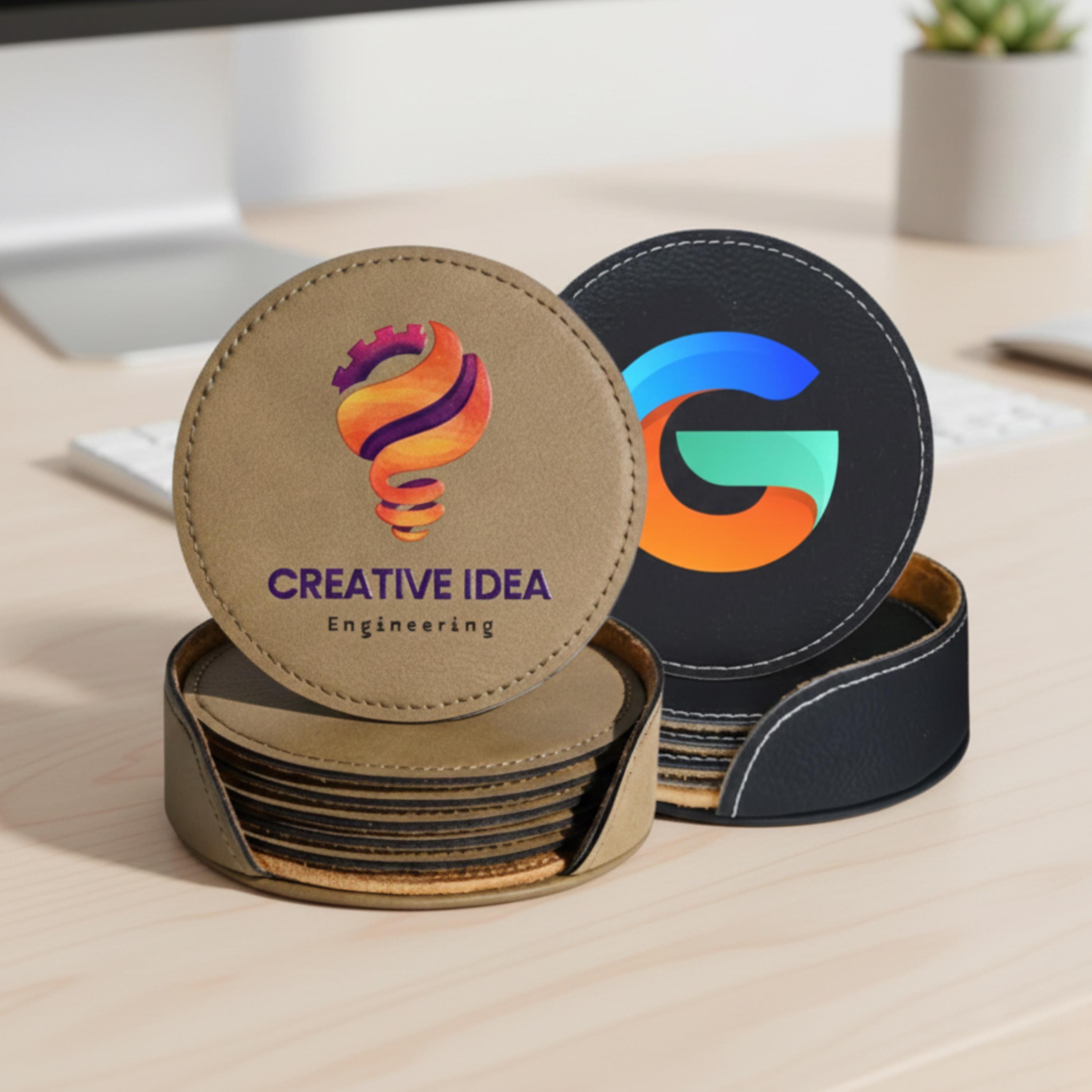 Full Color Logo Leather Coasters With Holder – Set of 6 | Corporate ...