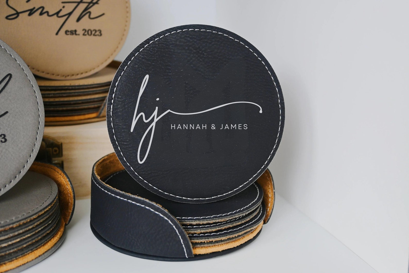 6 Leather Coaster Set, Coasters With Holder, Home Decor, Anniversary ...