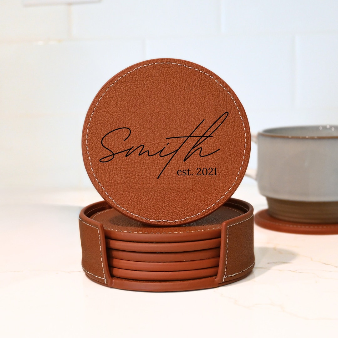 6 Custom Leather Coasters, Coasters With Holder, Leather Coasters ...