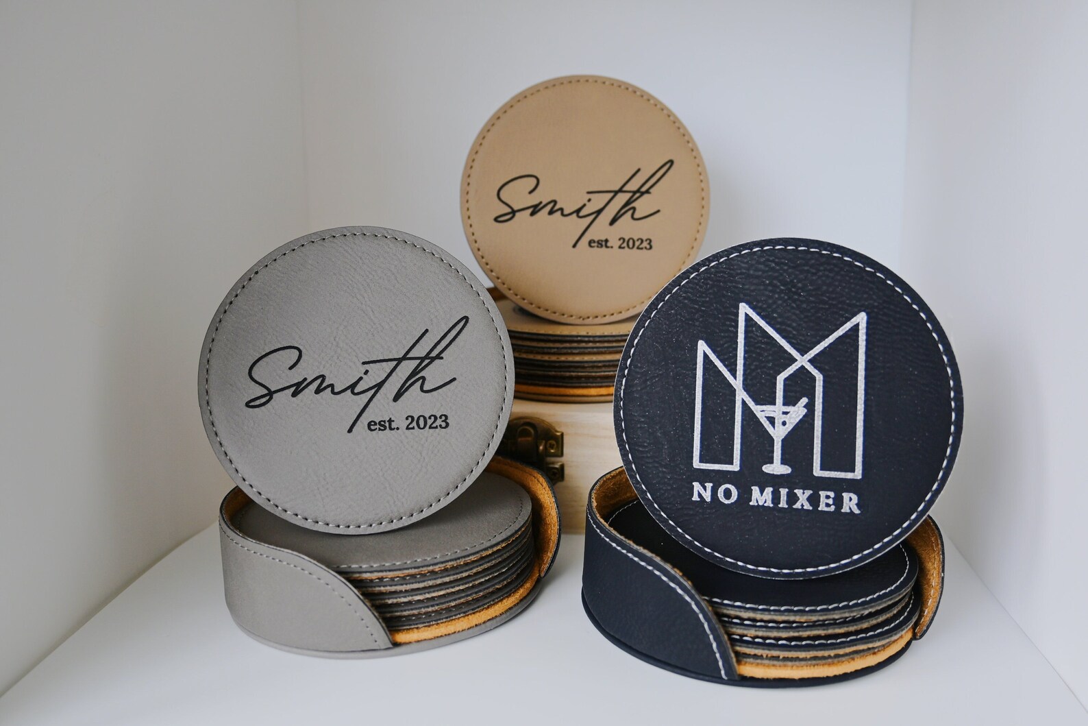 6 Leather Coaster Set, Coasters With Holder, Home Decor, Anniversary ...