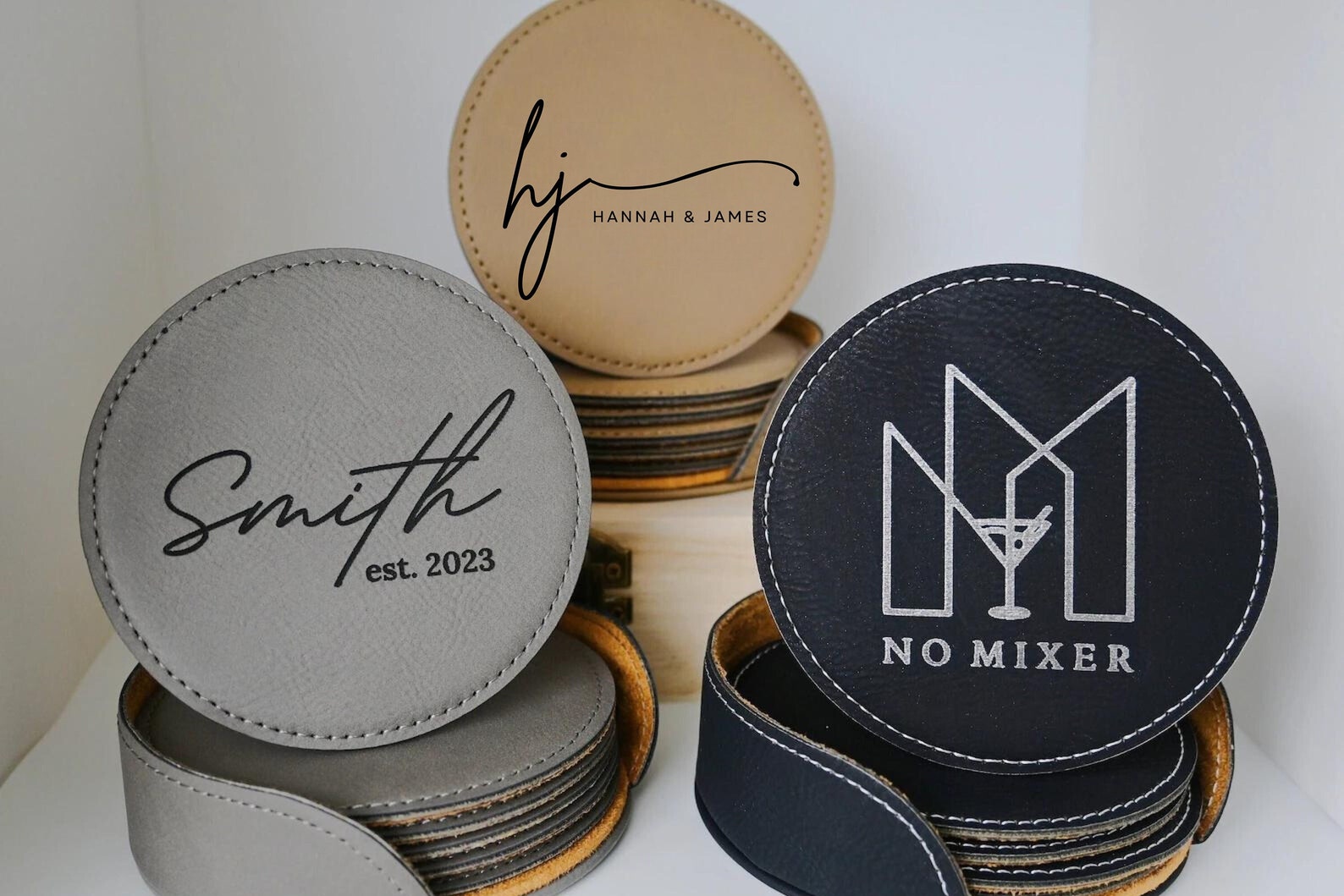 6 Leather Coaster Set, Coasters With Holder, Home Decor, Anniversary ...