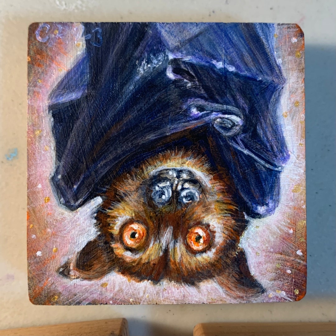 Original Miniature Painting Cute Bat Face Hanging Closeup Acrylic Wood ...