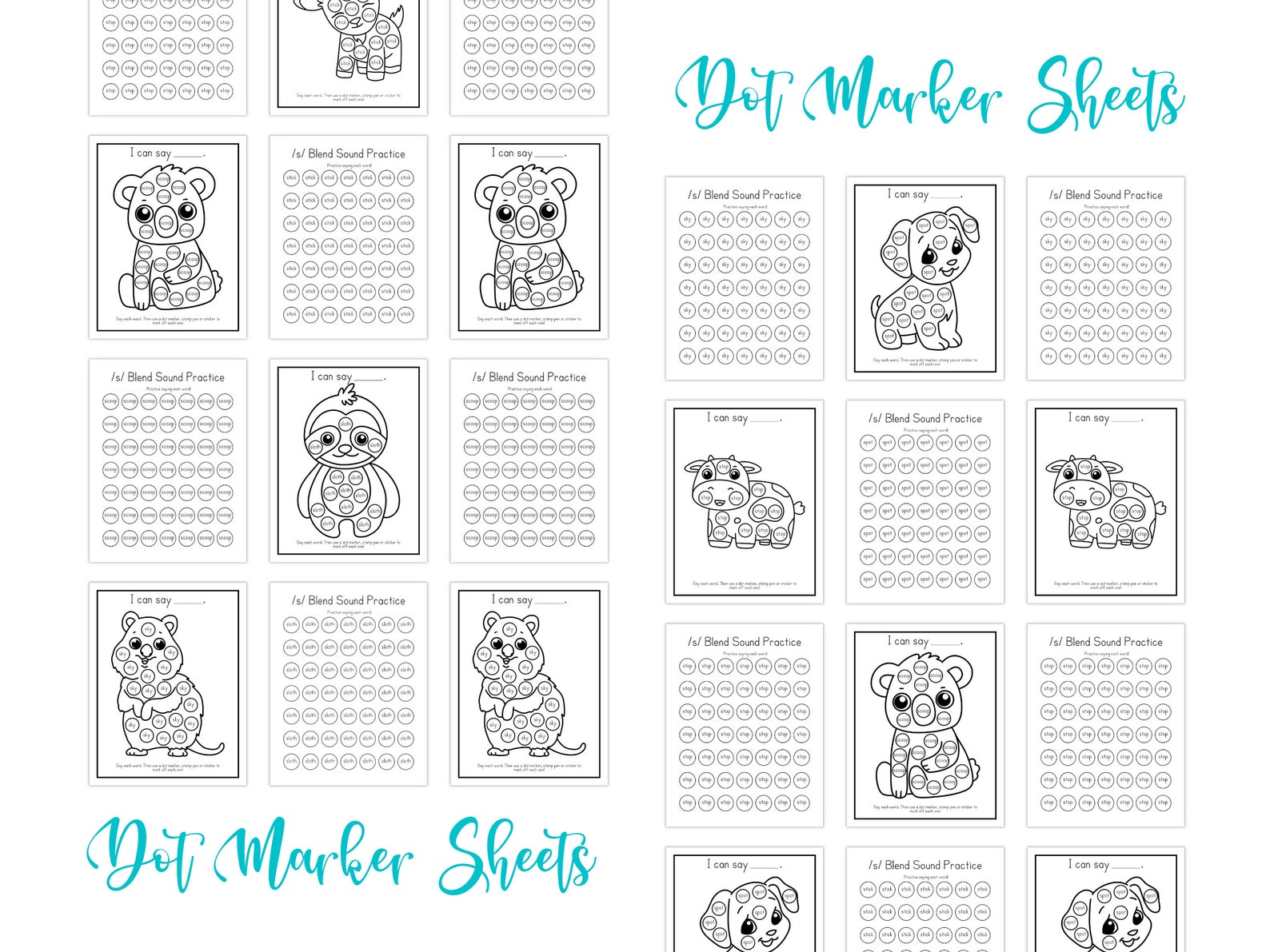 Dot Marker Speech Sound Practice Coloring Pages | /s/ Blend Sound Words ...