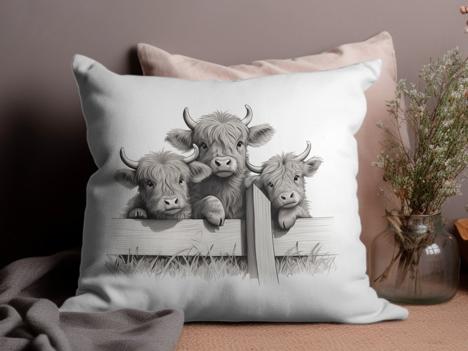 Farmhouse Pillow Covers RYKEEN Highland Cow Pillow Cover,18 X 18 Inch ...