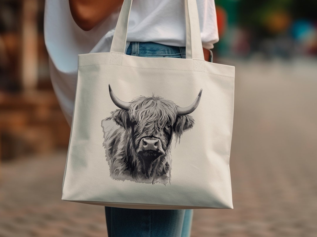 Highland Cow Tote Bag, Vintage Handbag, Cow Print Tote, Large Tote Bag ...