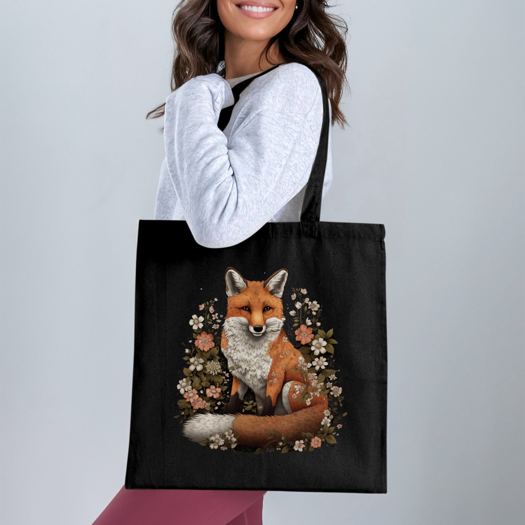 Cute Fox Floral Tote Bag, Forestcore Bag, Wildlife Tote Bag, Cute Boho ...
