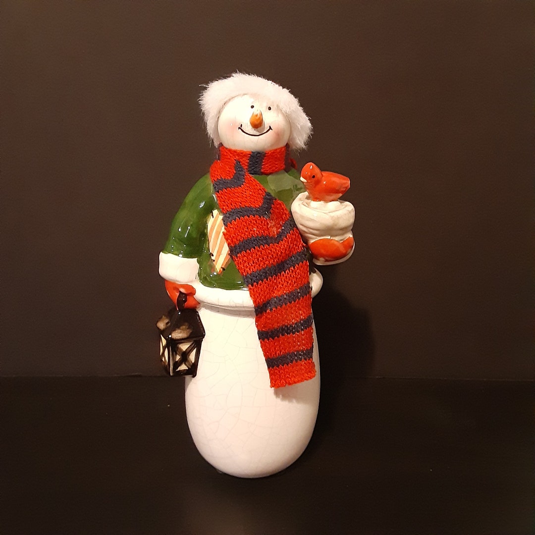 Snowman Christmas Winter Figurine Wearing Scarf Holding Lantern and Red ...