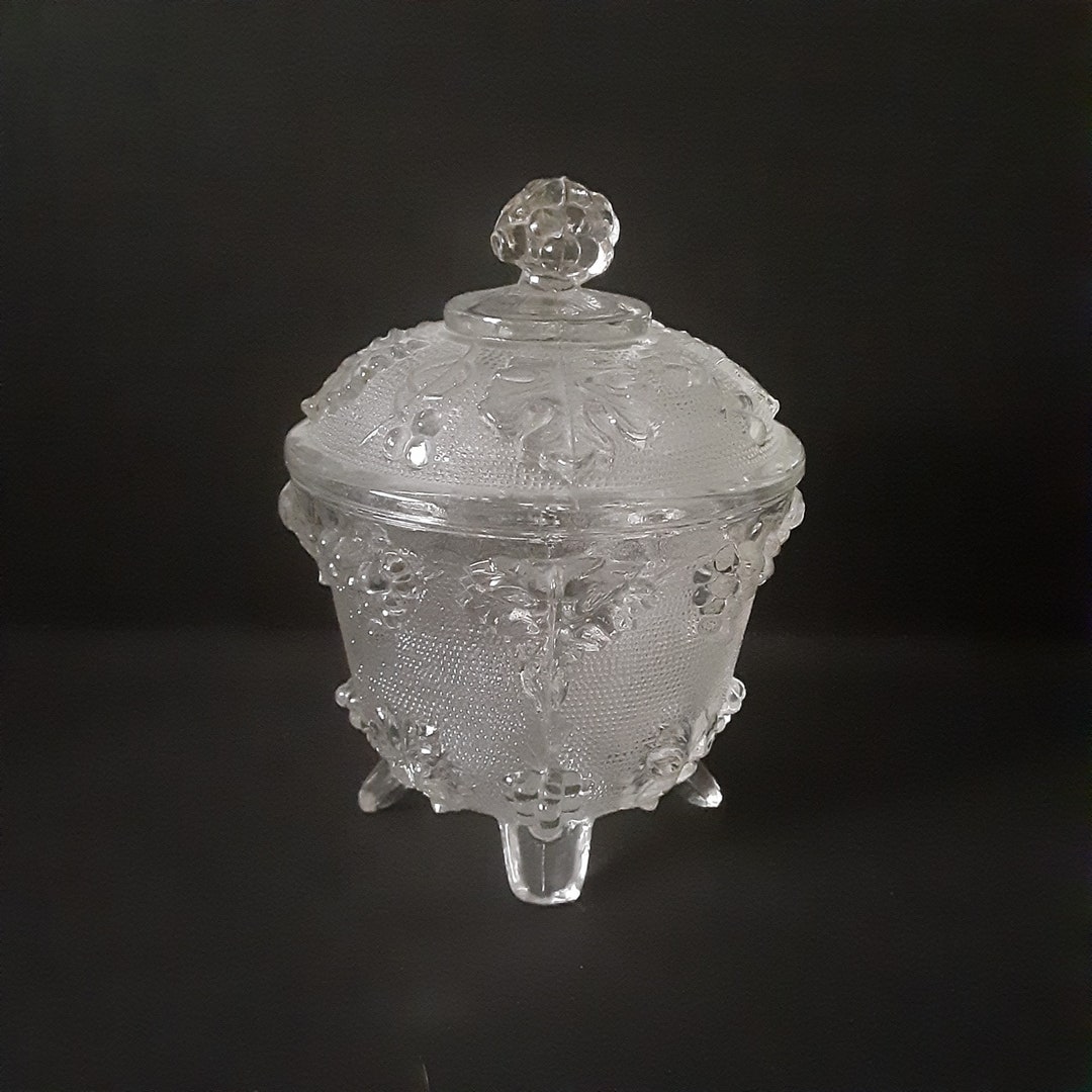 Glass Candy Jar Dish With Lid Featuring Grape Floral Design Vintage - Etsy