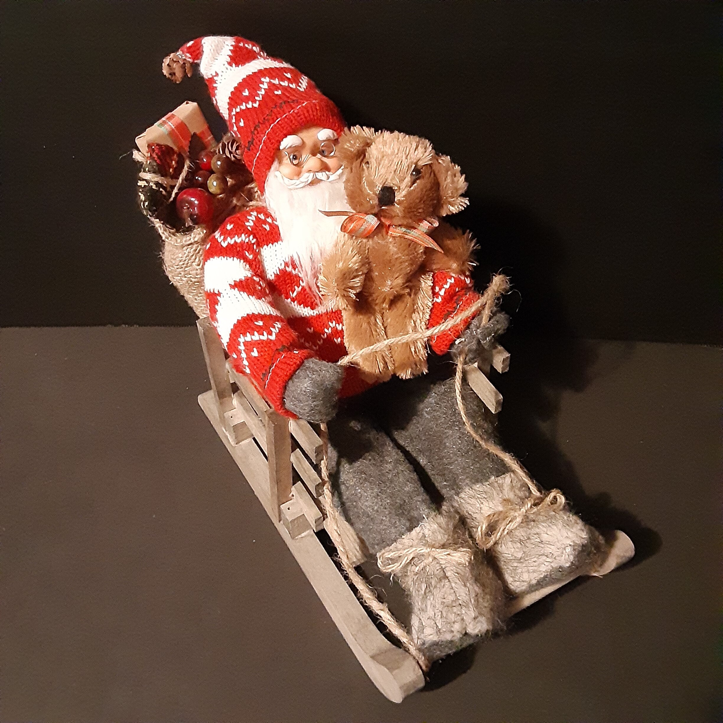 Santa Claus St Nick Figurine Riding Wooden Sled Carrying Teddy Bear and ...