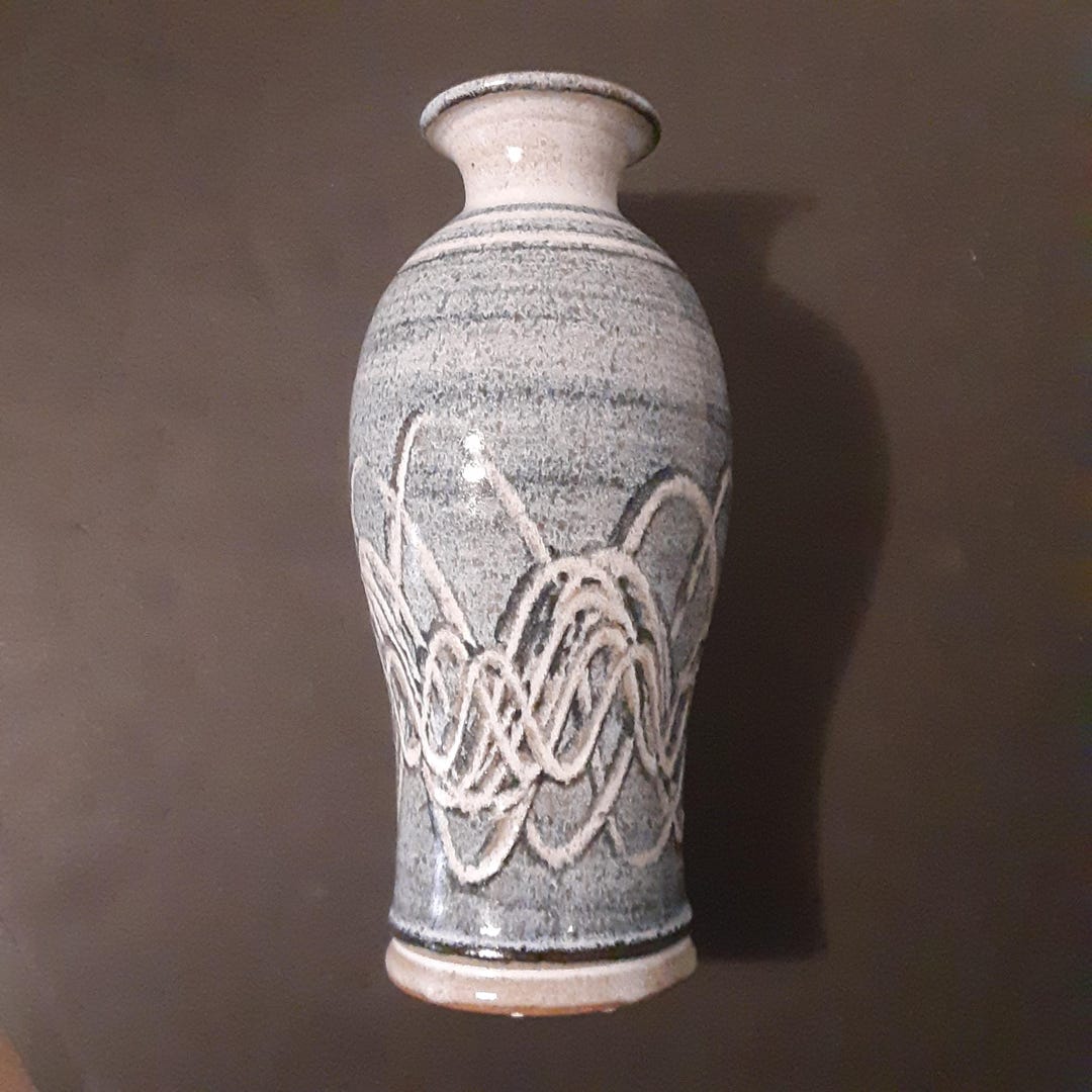 Mortensen Salt Glazed Vase With Modern Gray Wavy Linear Design Vintage ...